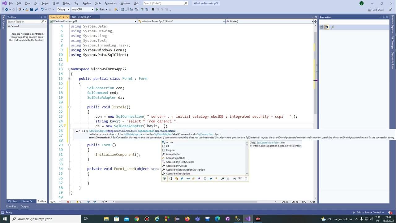 21- C# Form- Veri tabanı işlemleri- SQL Server (bağlantı kur listele ...
