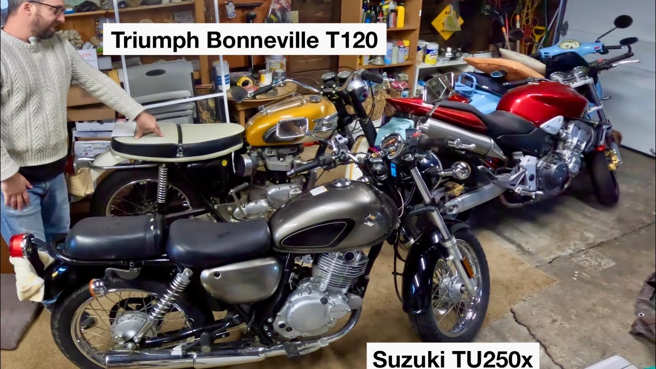 Triumph Bonneville T120 + Suzuki TU250x Garage Overview | Vintage 1964 ...