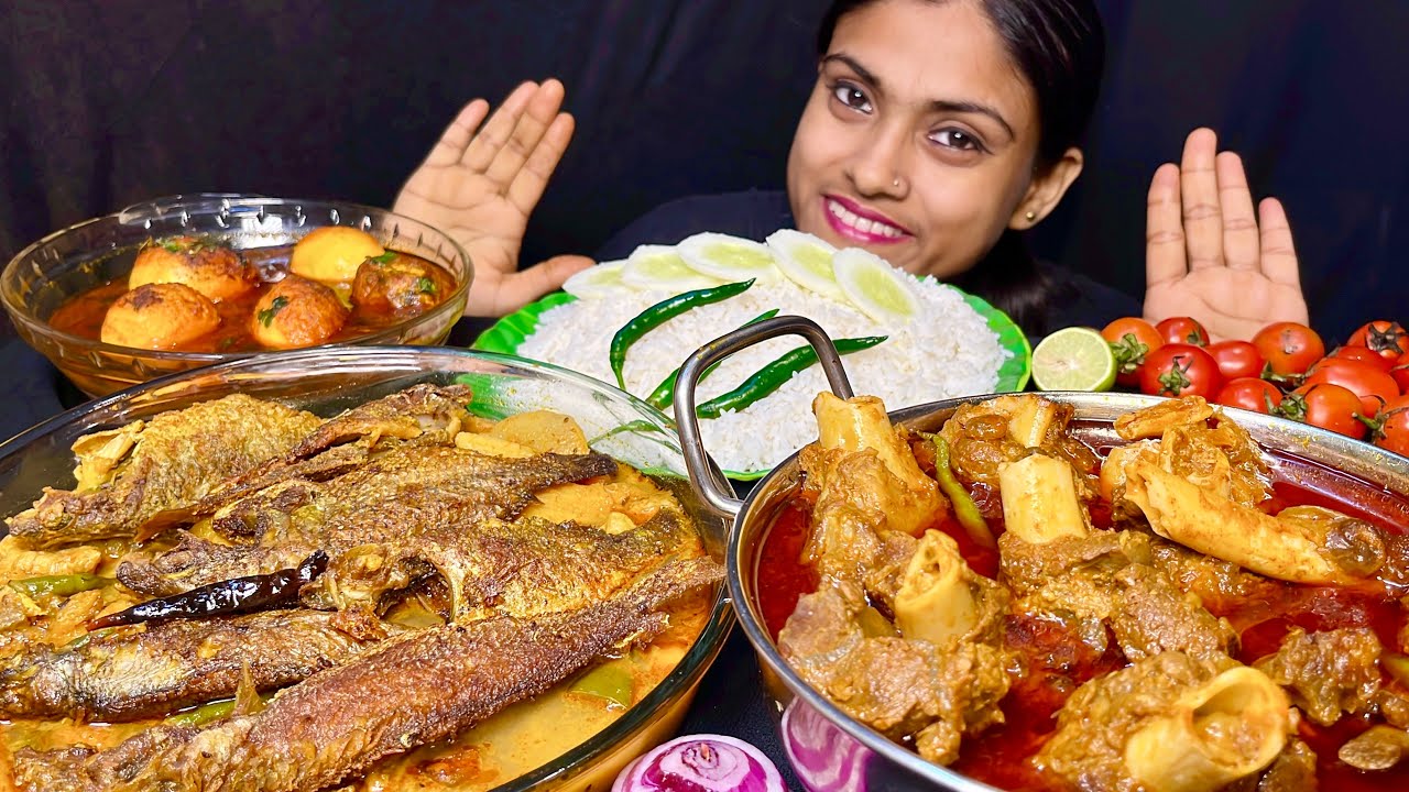 Lal Lal Mutton Jhol Fish With Vegetable Jhol Egg Jhol With Rice Eating ...