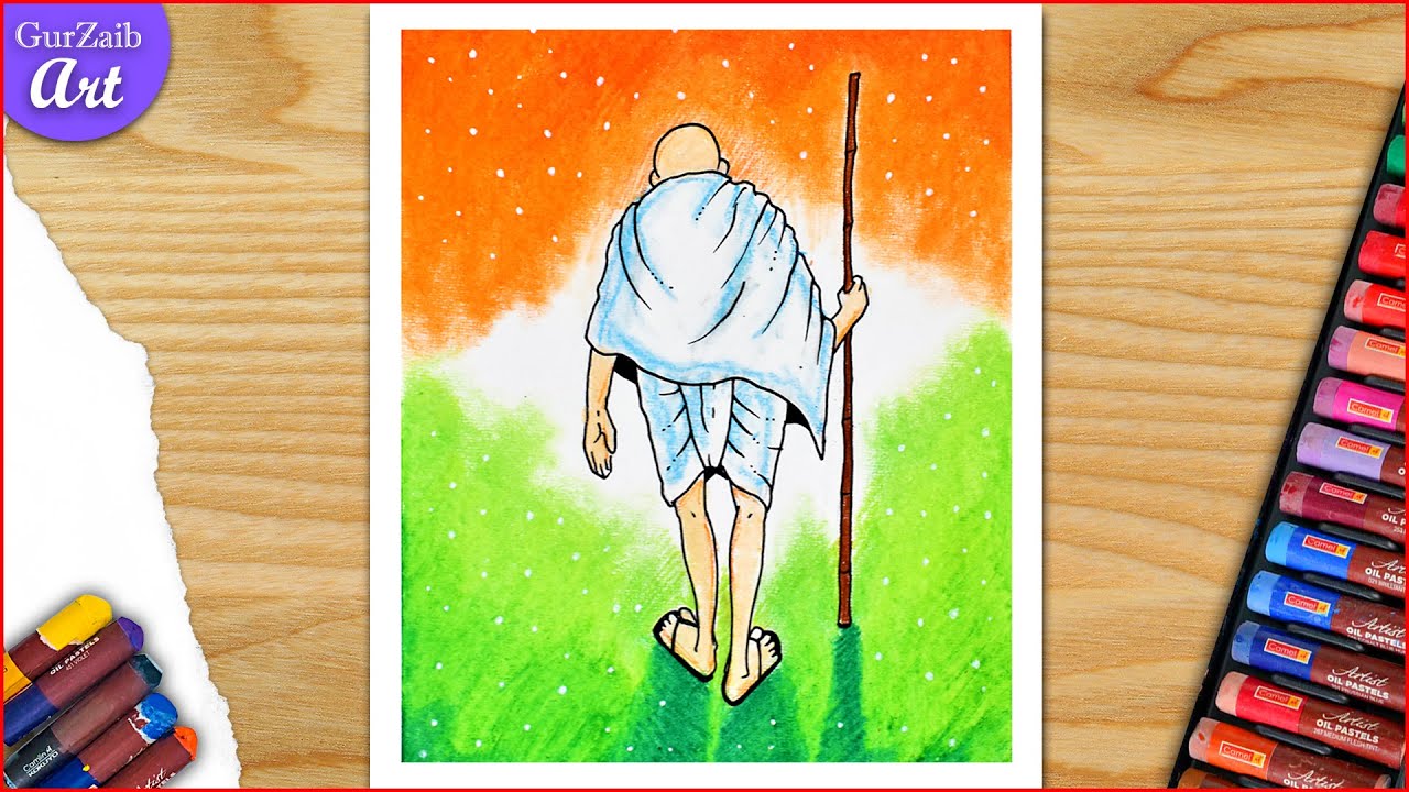 How to draw Gandhi ji drawing for beginners with Oil Pastels || step by ...
