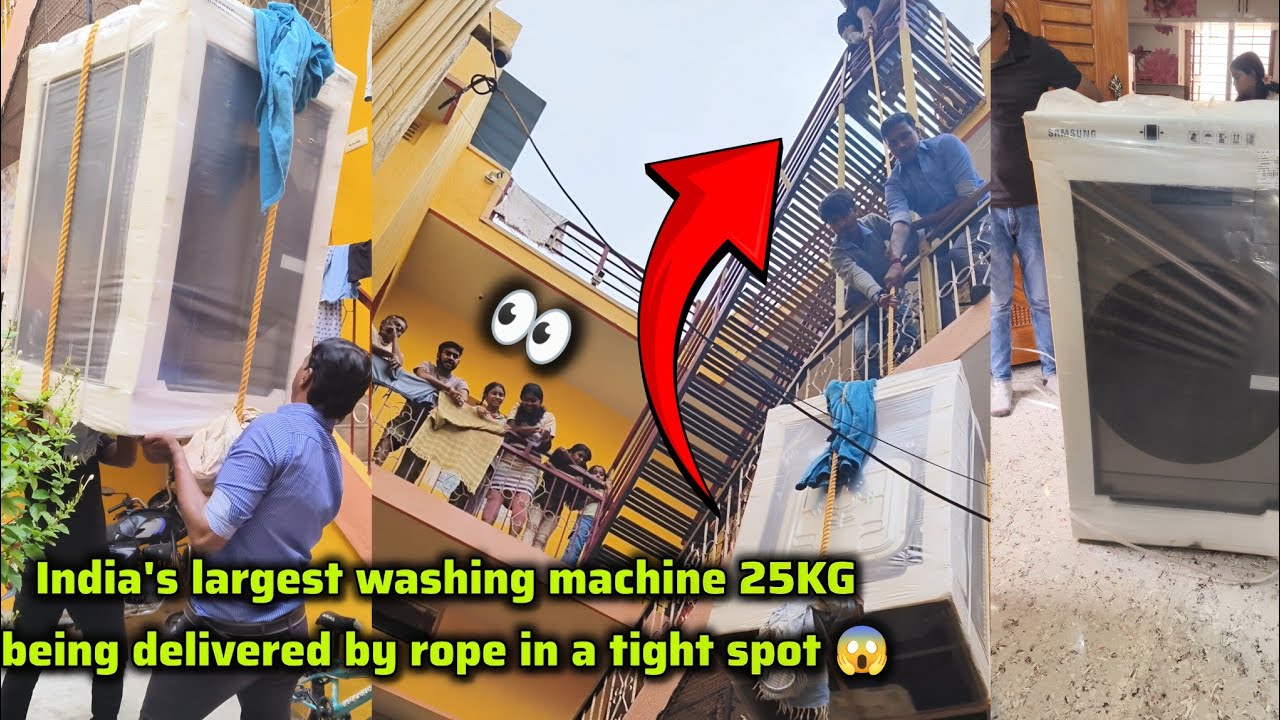 India's largest 25KG washing machine being delivered by rope in a tight ...