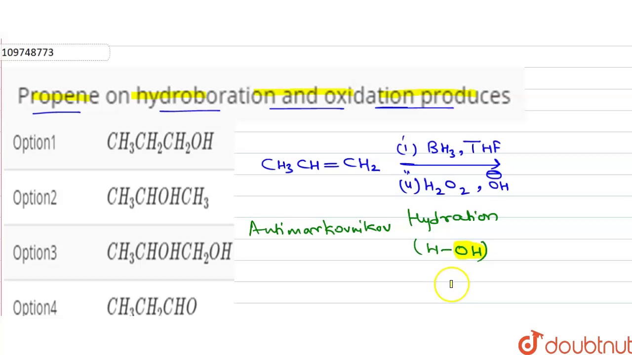 Propene on hydroboration and oxidation produces - YouTube
