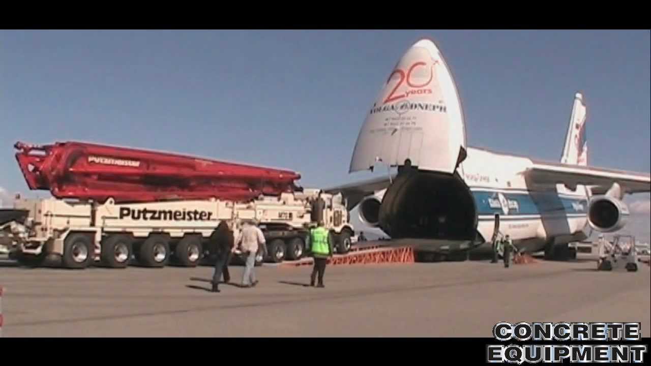 Putzmeister concrete pump loading into Antonov AH-124 plane, Los ...
