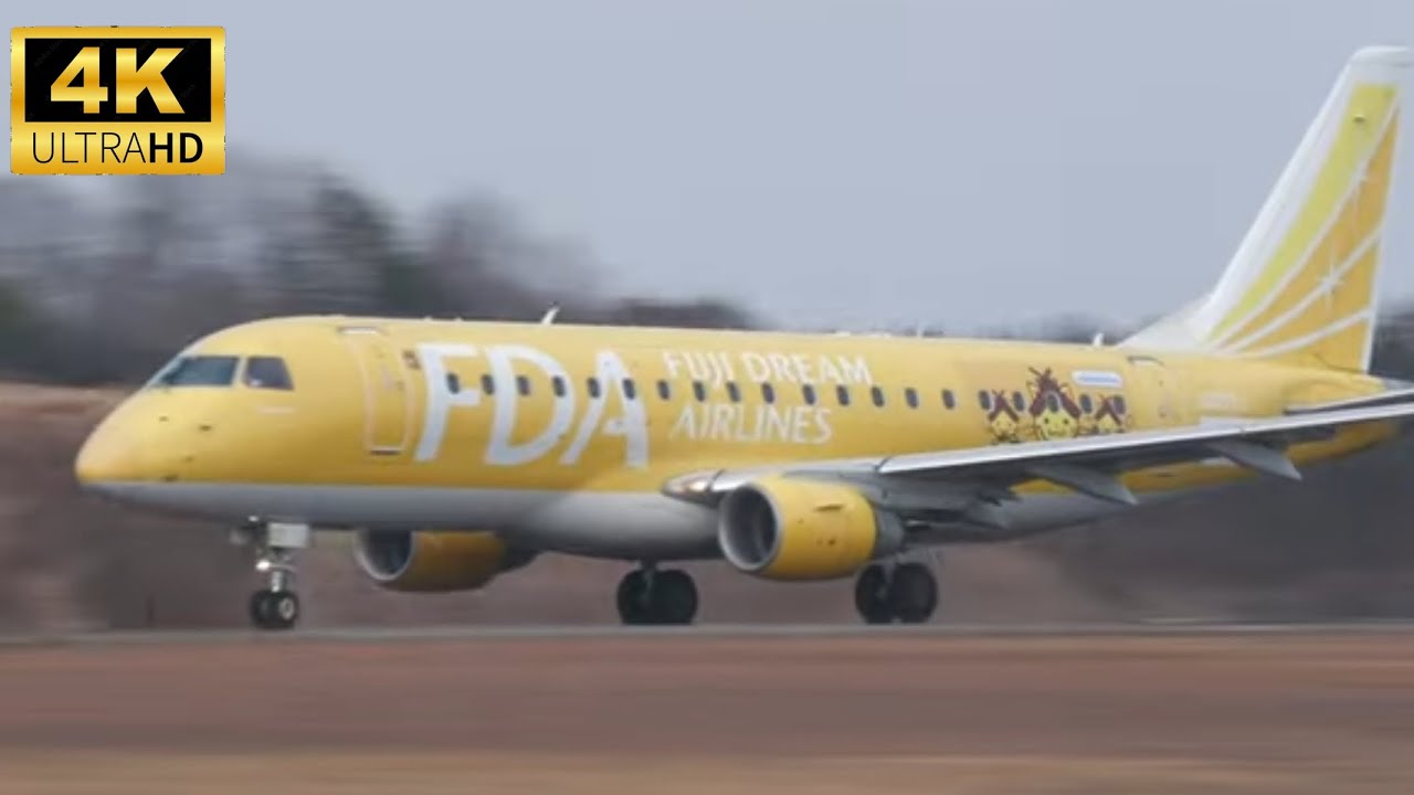 広島空港にFDA(フジドリームエアラインズ)のしまねっこ号 エンブラエルE175がやって来た。JA07FJ (RJOA 2025-03-01) - YouTube
