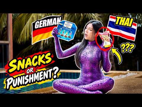 Girl in Shiny Spandex Catsuit Tries German Snacks
