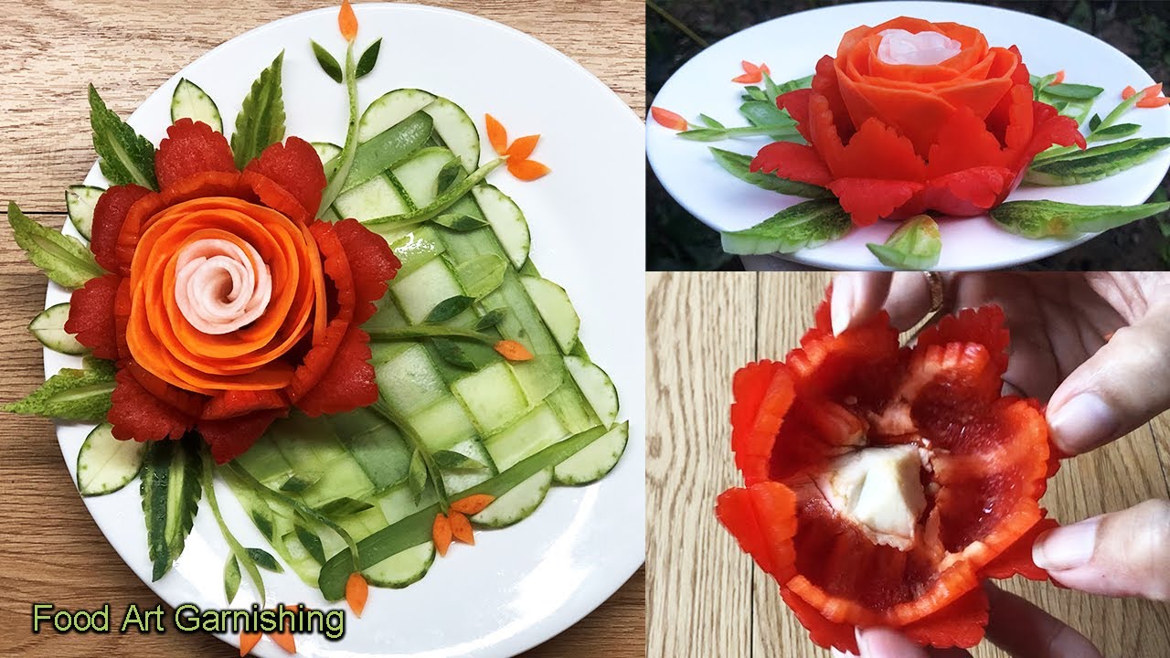 Eye-catching Carrot Rose Carving Garnish With Bell Pepper & Cucumber ...