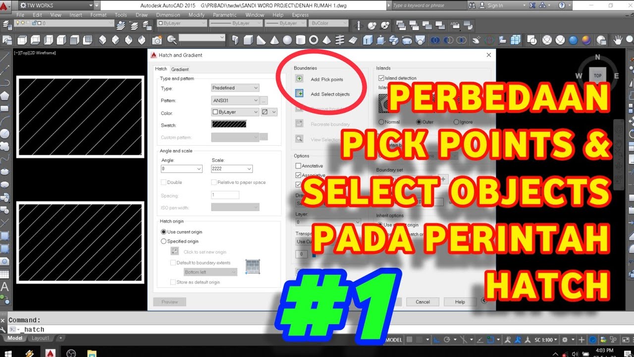 Cara hatch di Autocad | Perbedaan pick points & select objects - YouTube