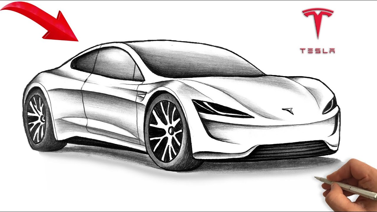 How to Draw Tesla Roadster – Step by Step Supercar Drawing Tutorial ...
