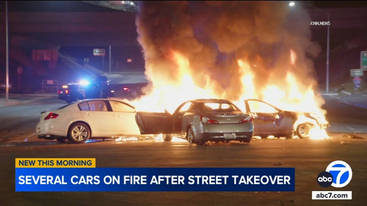 Pacoima street takeover ends with several cars on fire - YouTube