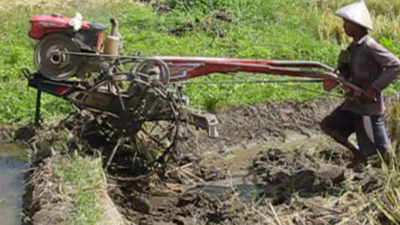 Two Wheel Tractor Kubota Moving In Changing Plow Setting Plowing - YouTube