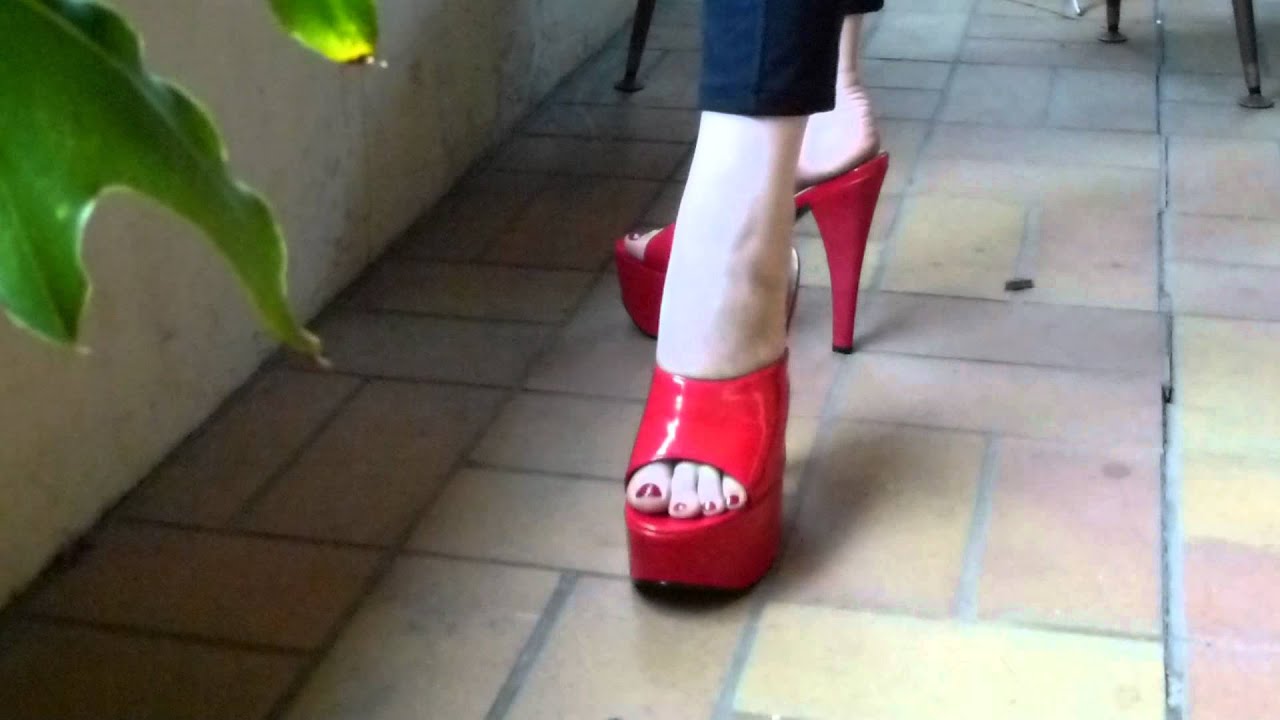 red 7 inch high heel mules - YouTube