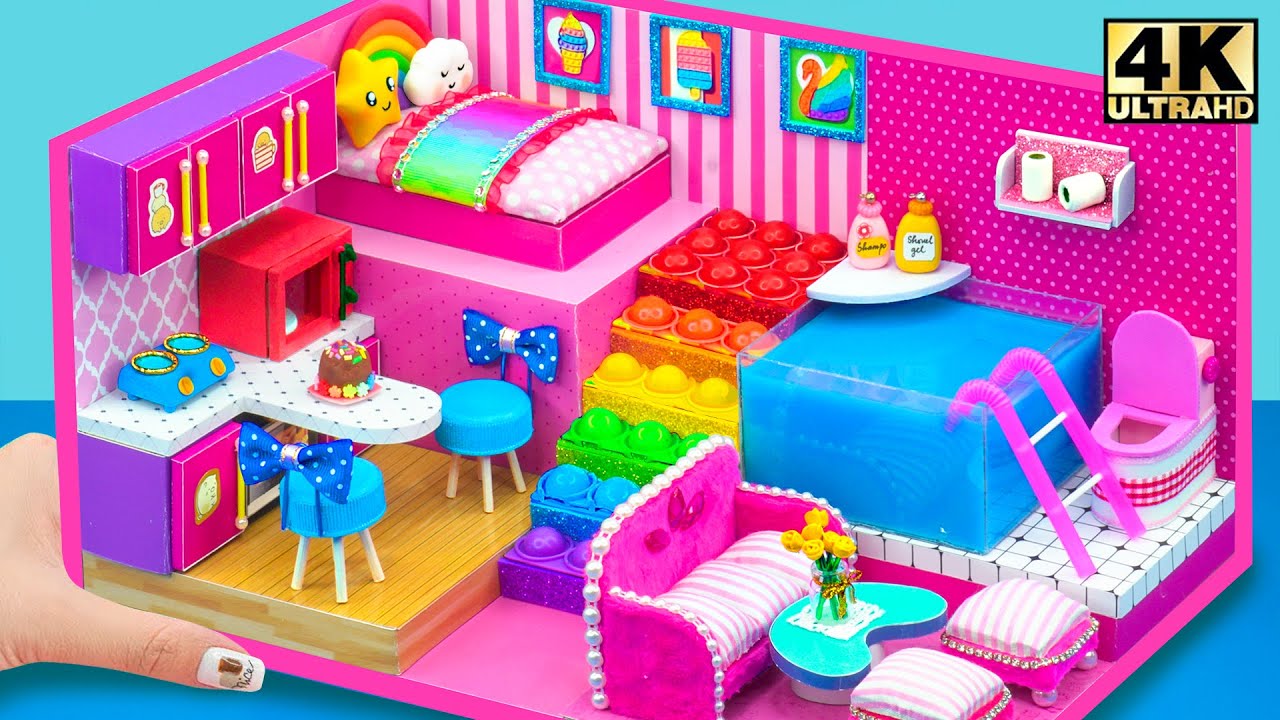 Build Pop It Stair in Pink Miniature House with Beautiful Swimming Pool ...