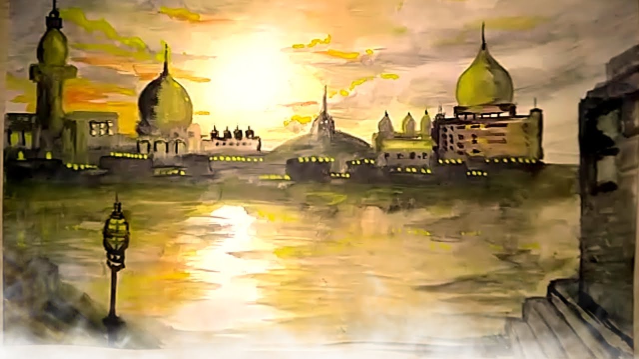 Menggambar Masjid - Lukisan cat air pemandangan Masjid - Mosque ...