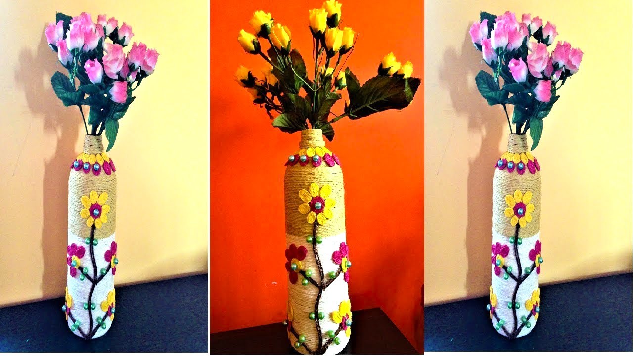 make flower vase with plastic bottle and paper thread | bottle crafts ...