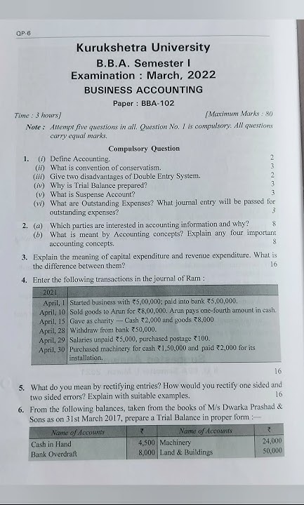 Business Accounting BBA-I Sem-1 KUK Previous Year Question Paper 2022 ️ ️ - YouTube