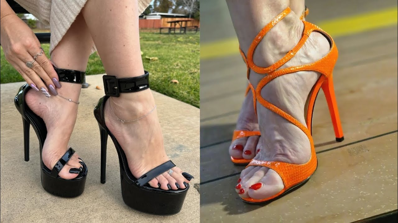 Open toe high heels with toe nail polish and cute feet - YouTube