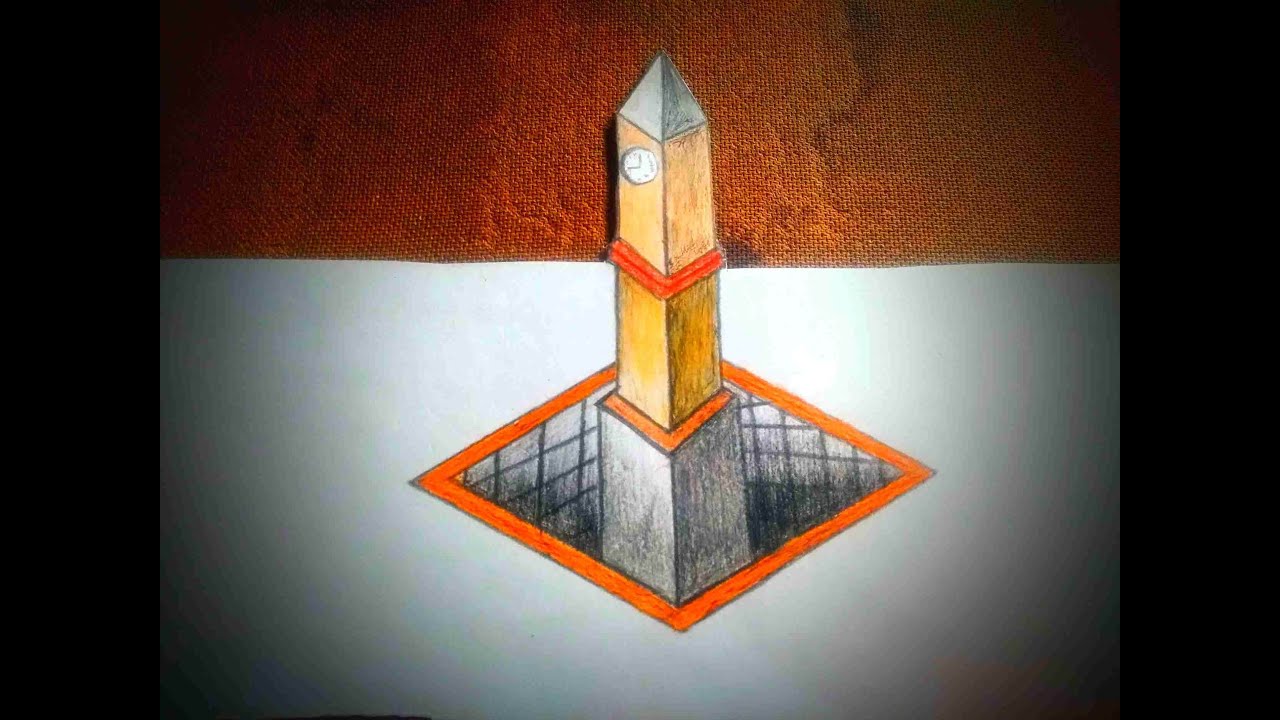 how to draw 3d clock tower || 3d clock tower drawing with colored ...