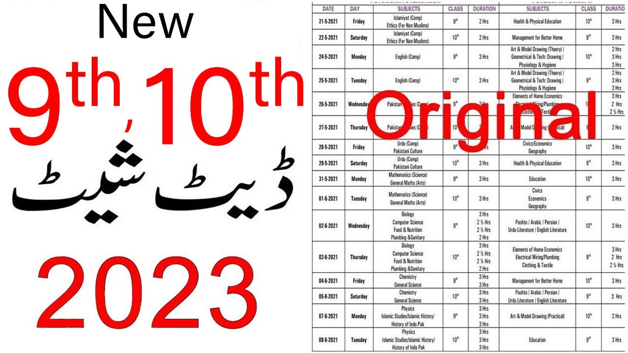 Matric Date Sheet 2023, 10th Class Date Sheet 2023, 9th Class Date ...
