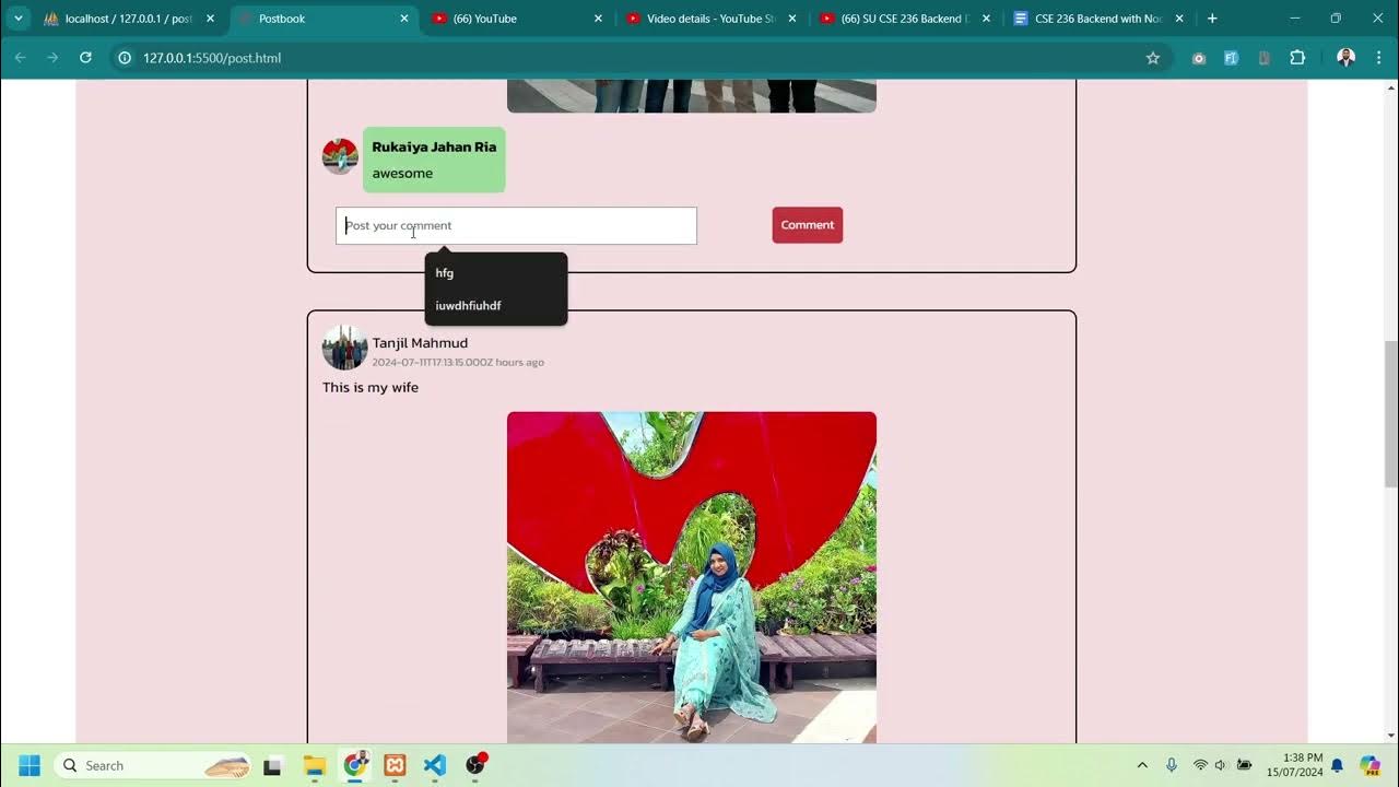 SU CSE 236 Backend Development (Part -12) adding comments in post - YouTube