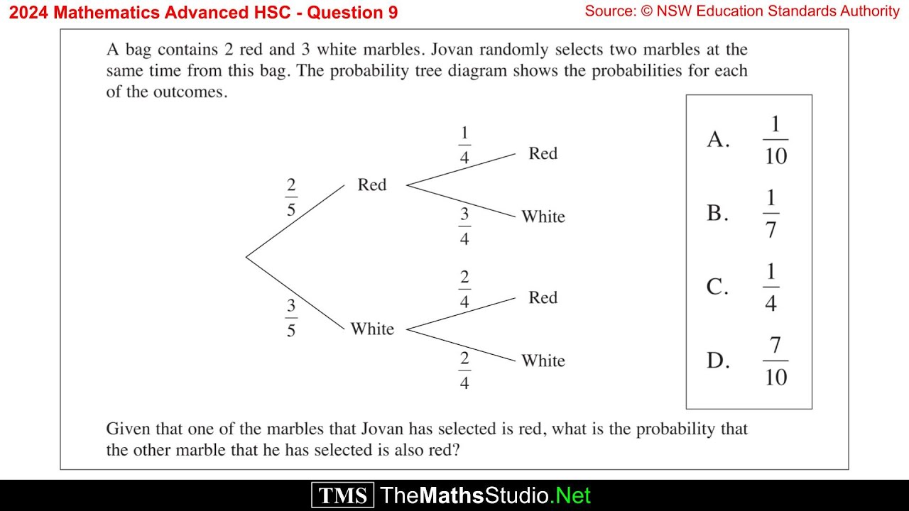 2024 Maths Advanced HSC Q9 Find conditional probability of 2-stage ...