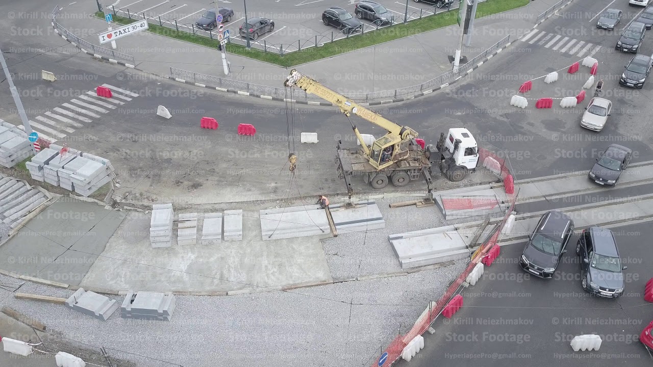 Road reconstruction with tram rails intersection, construction site ...