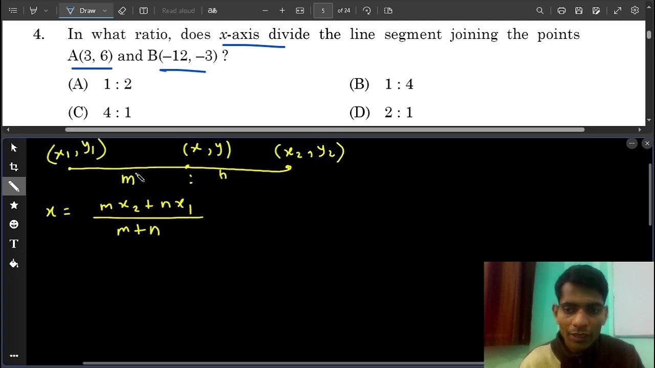 In what ratio, does x-axis divide the line segment joining the points A(3, 6) and B(-12, -3 ...