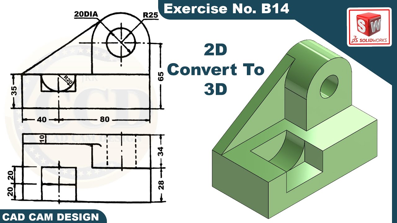 SolidWorks 2D drawing to 3D Model Tutorial Exercise B14 - YouTube