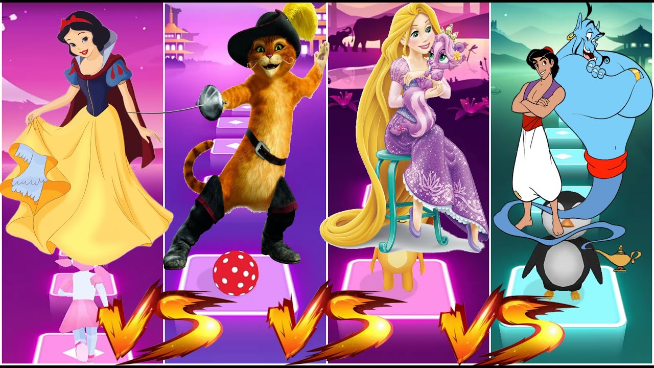 Snow White vs Puss in Boots vs Rapunzel vs Aladdin - Tiles Hop EDM Rush ...