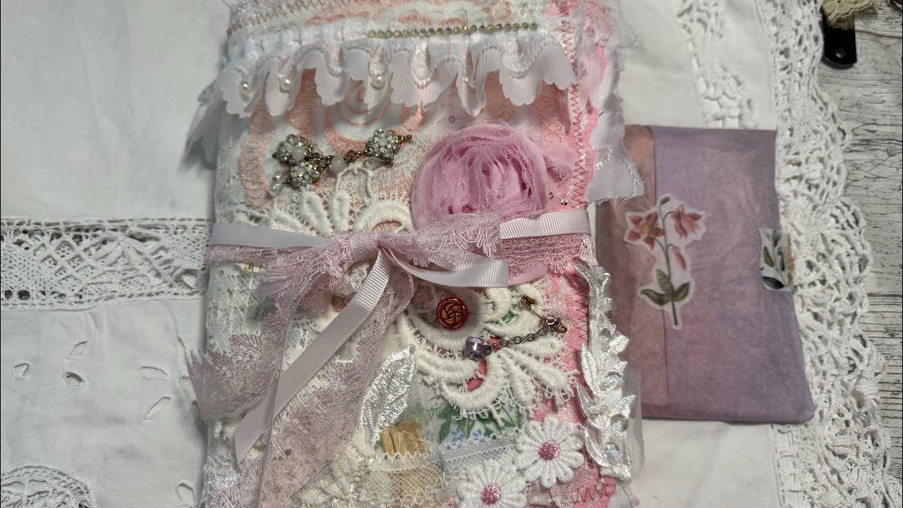 Flip through shabby pink lacy cover junk journal - YouTube