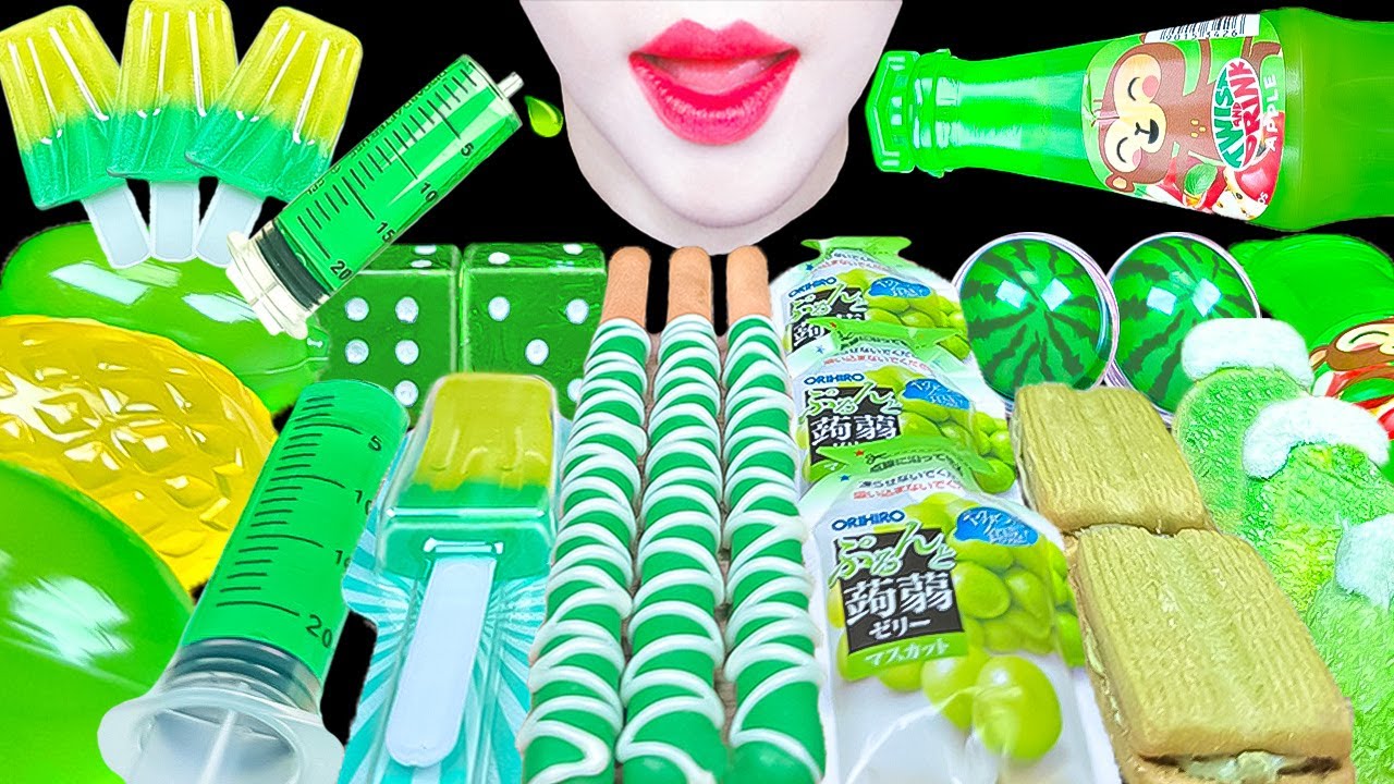 ASMR GREEN DESSERTS 초록색 디저트 SYRINGE DRINK FROZEN JELLY ICE CREAM CANDY ...