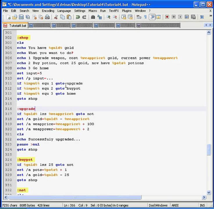 Batch programming, Tutorial 4, RPG game with savegame, By JustoSenka - YouTube