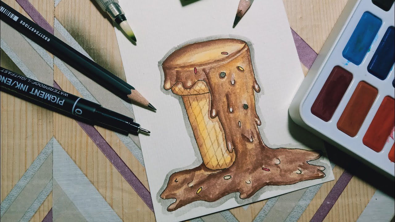 Cara menggambar Ice Cream Meleleh || How to Draw | Watercolor Painting ...