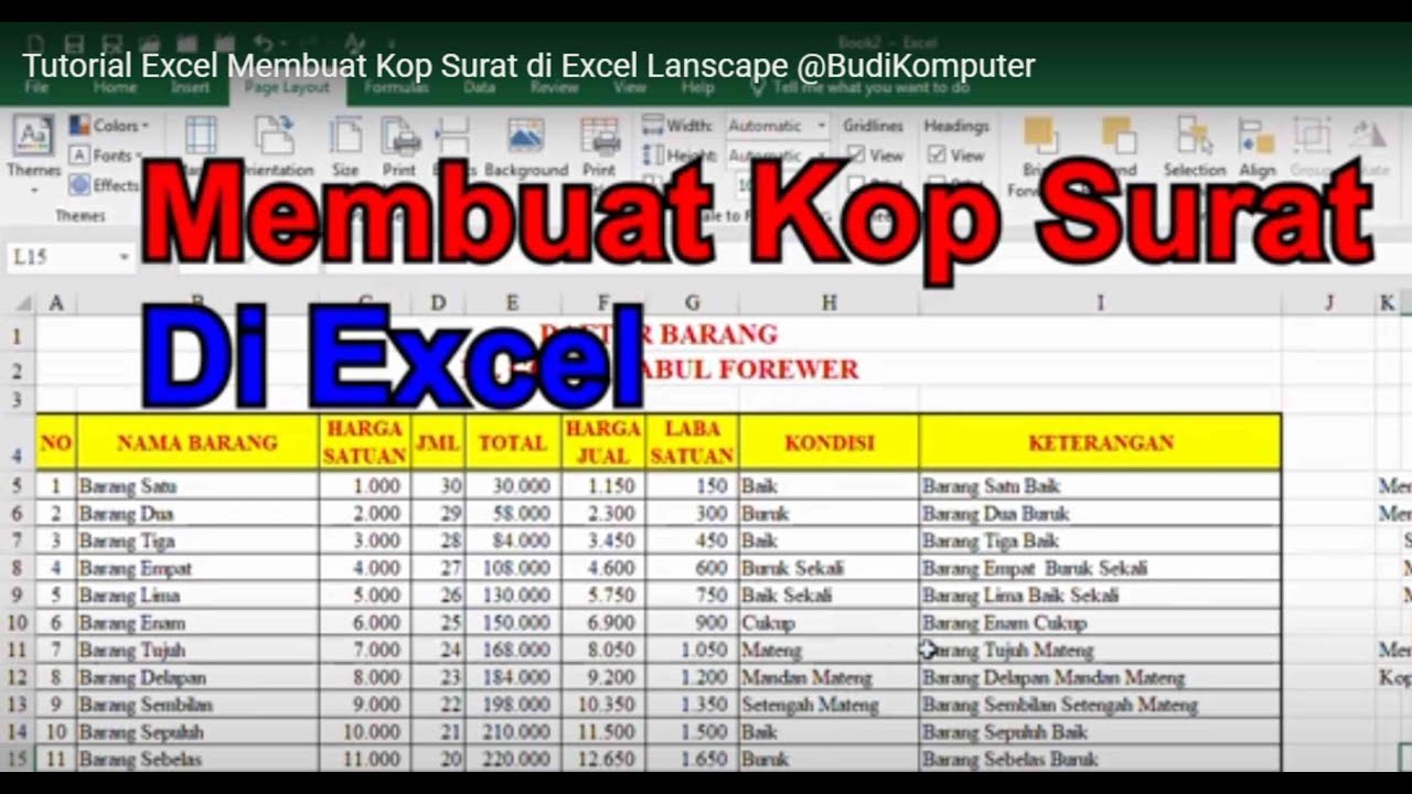 Tutorial Excel Membuat Kop Surat di Excel Lanscape @BudiKomputer - YouTube