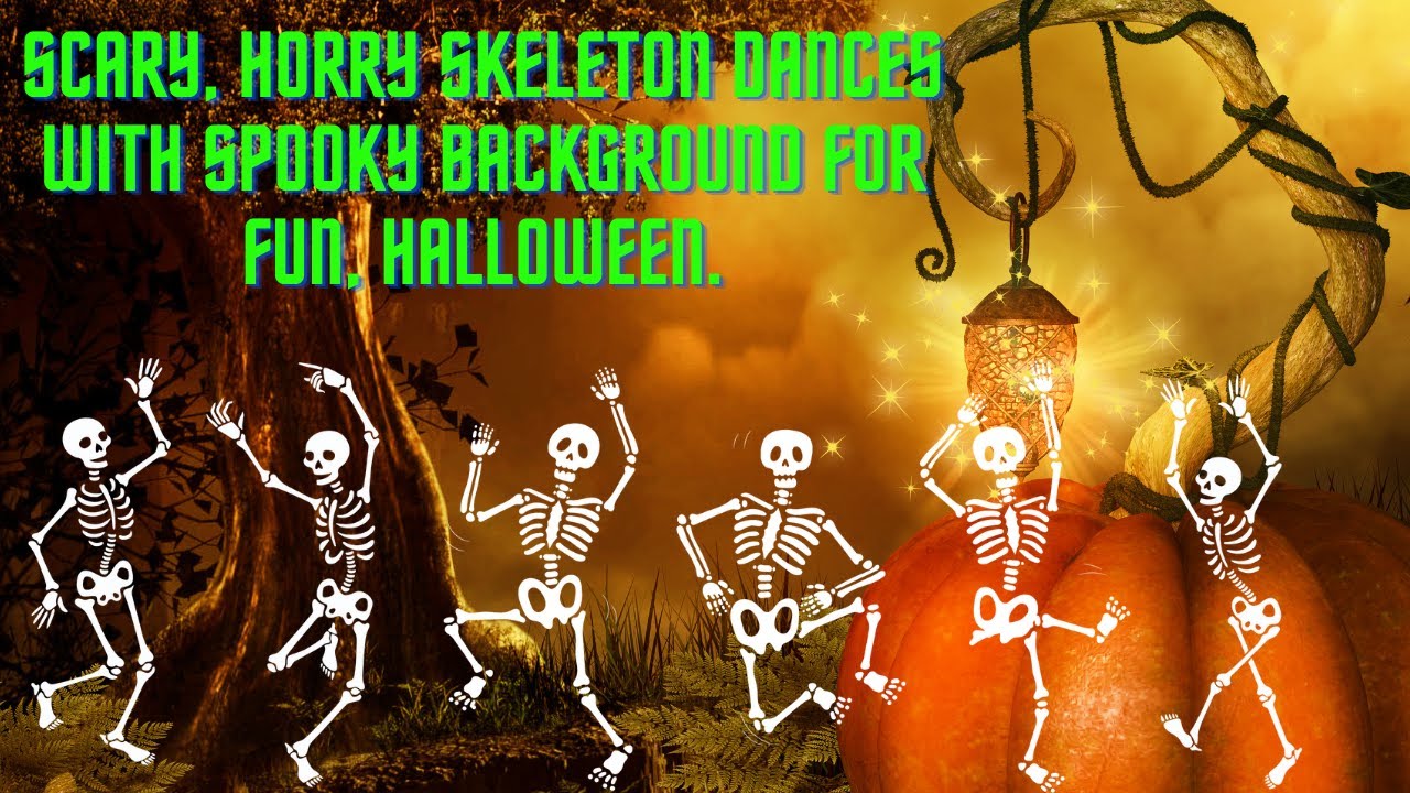 Scary, horror, Halloween skeleton dances, with spooky background with ...