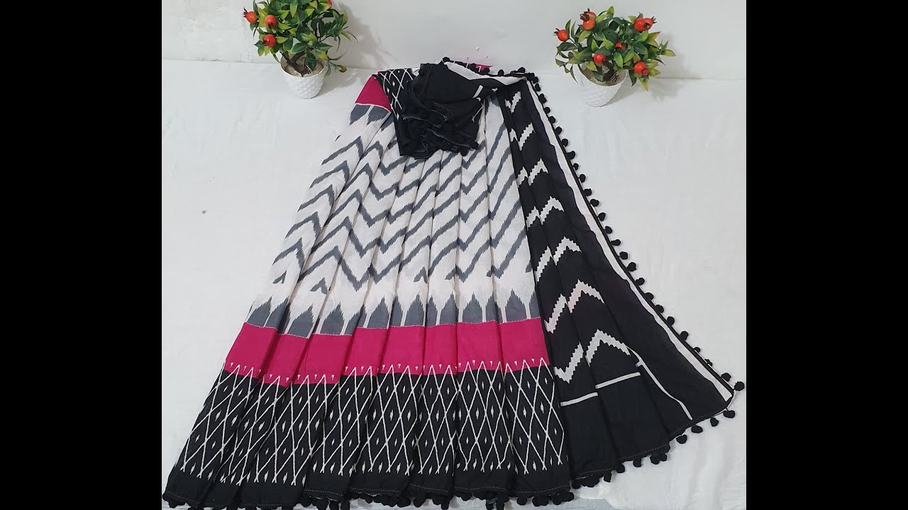 Bagru Hand block printed cotton mulmul saree with pom pom Lace || Pure ...