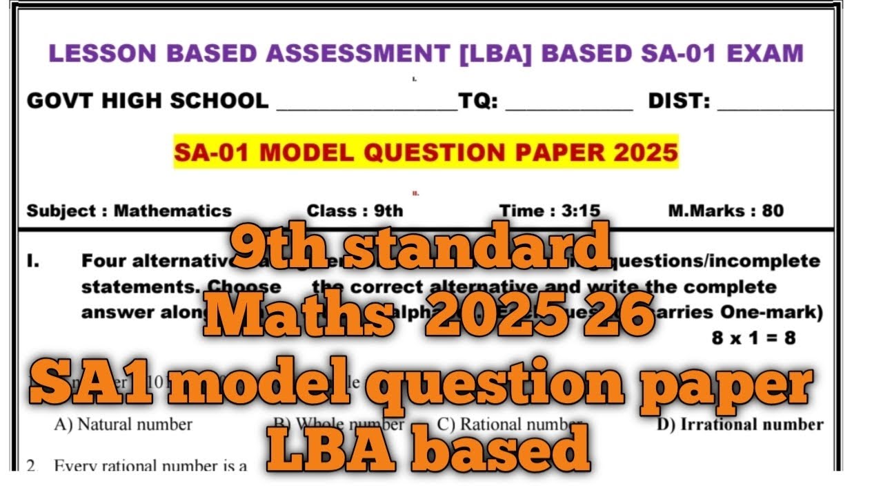 9th standard Maths SA1 2025 26 Model question paper practice paper 100 marks LBA based Karnataka ...