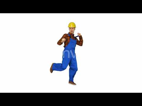 Dancing Young Engineer with Helmet After Work on White Background ...