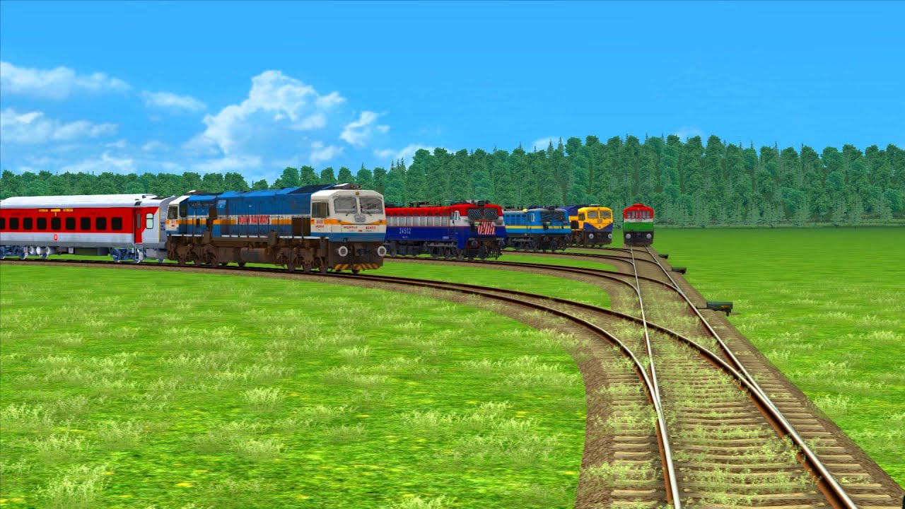 5 COLORFUL TRAINS CROSSING ON LINE BRANCHED FORKED RAILROAD CROSSING ...