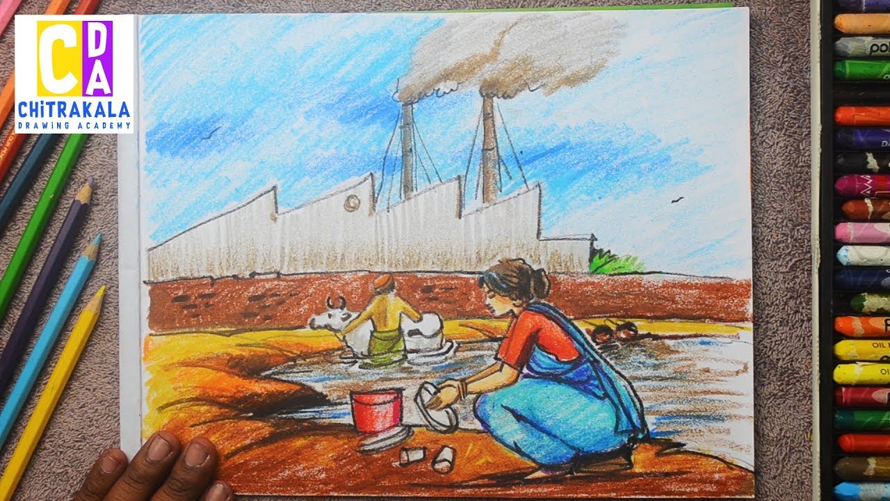 How to draw scenery of Environmental Pollution Step by step Easy ...