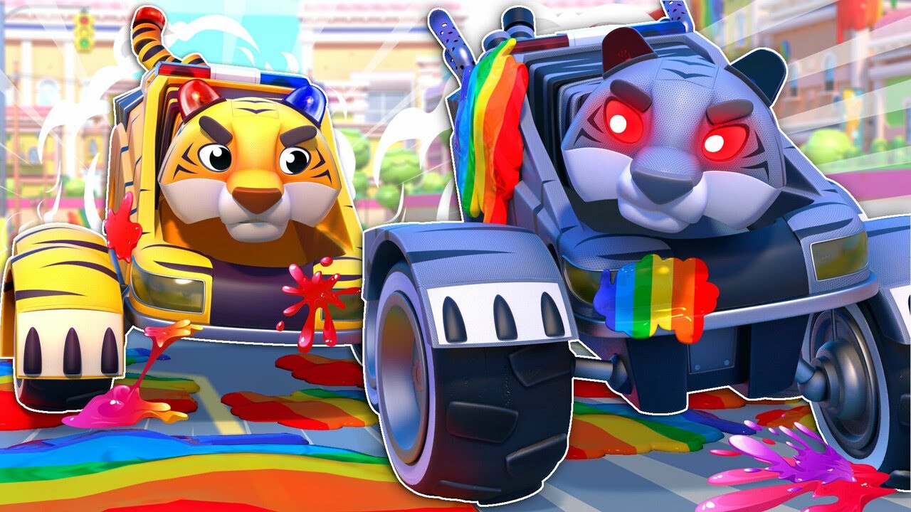 🌈Tiger POLICE car’s EVIL TWIN shoots RAINBOW SLIME and creates chaos ...