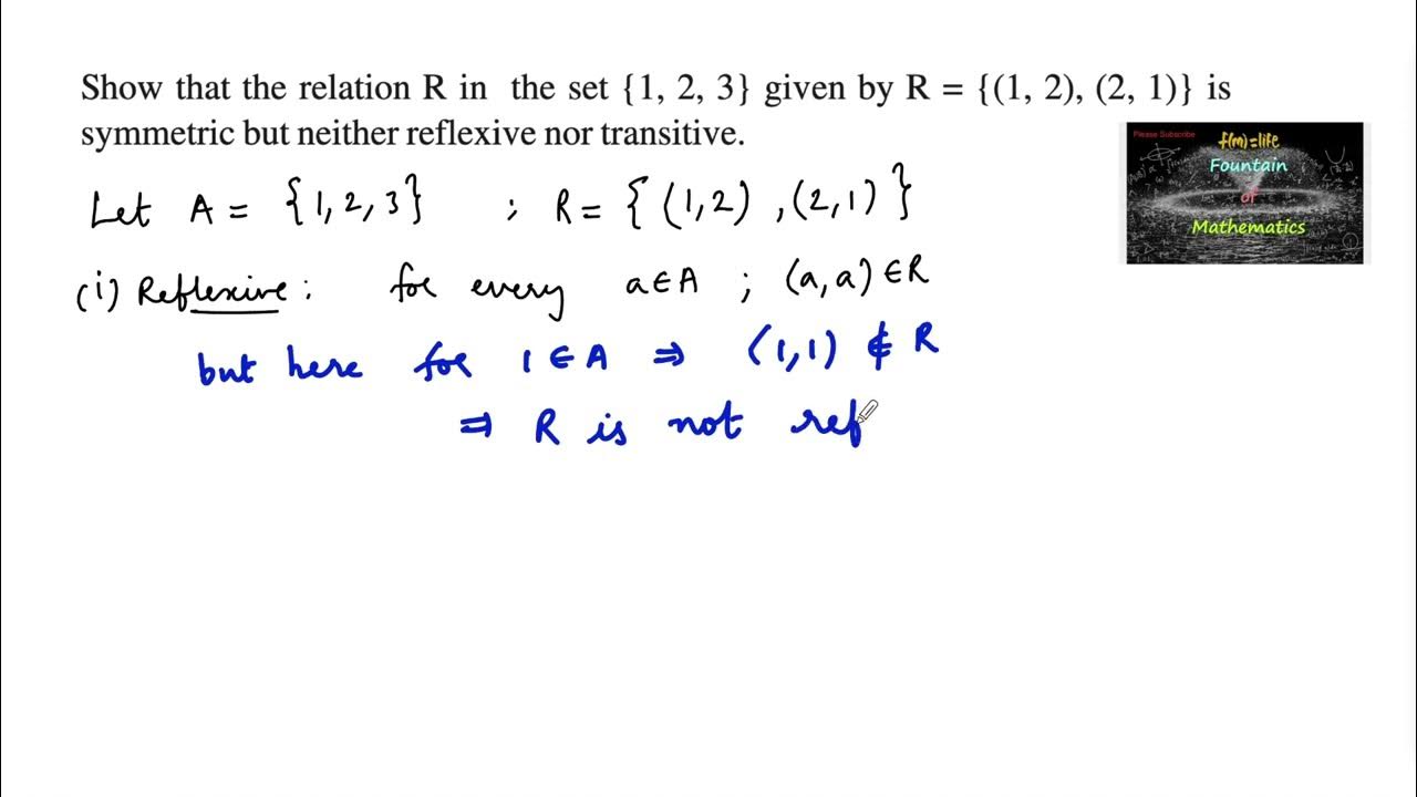 Show that the Relation R in the set {1,2,3} R={(1,2),(2,1)}is symmetric neither reflexive ...