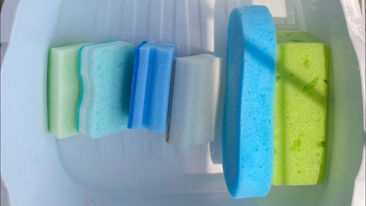 ASMR bulk wet sponge ripping in cool water - kitchen and car sponges ...
