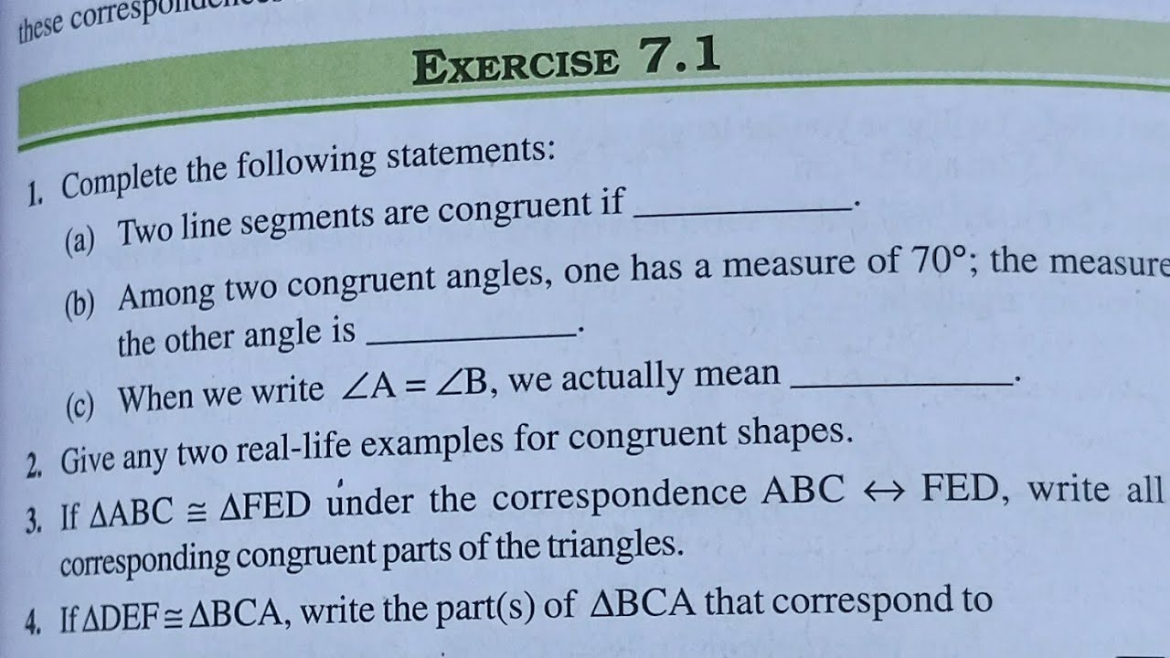 Class 7 Maths Chapter 7 l NCERT EXERCISE-7.1 l Congurence of Triangle l ...