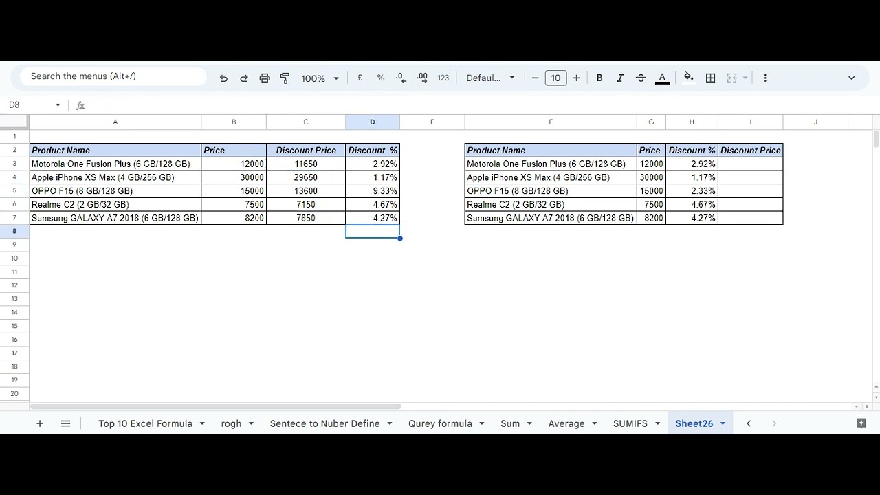 Excel and Google sheet in Percentage Discount % - YouTube