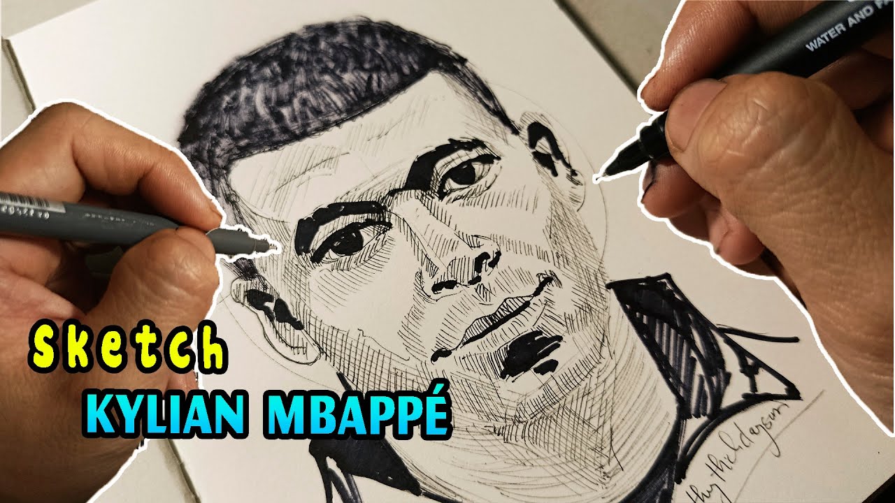 Draw with me #54: Sketch Kylian Mbappé using unipin pen / sketch book ...
