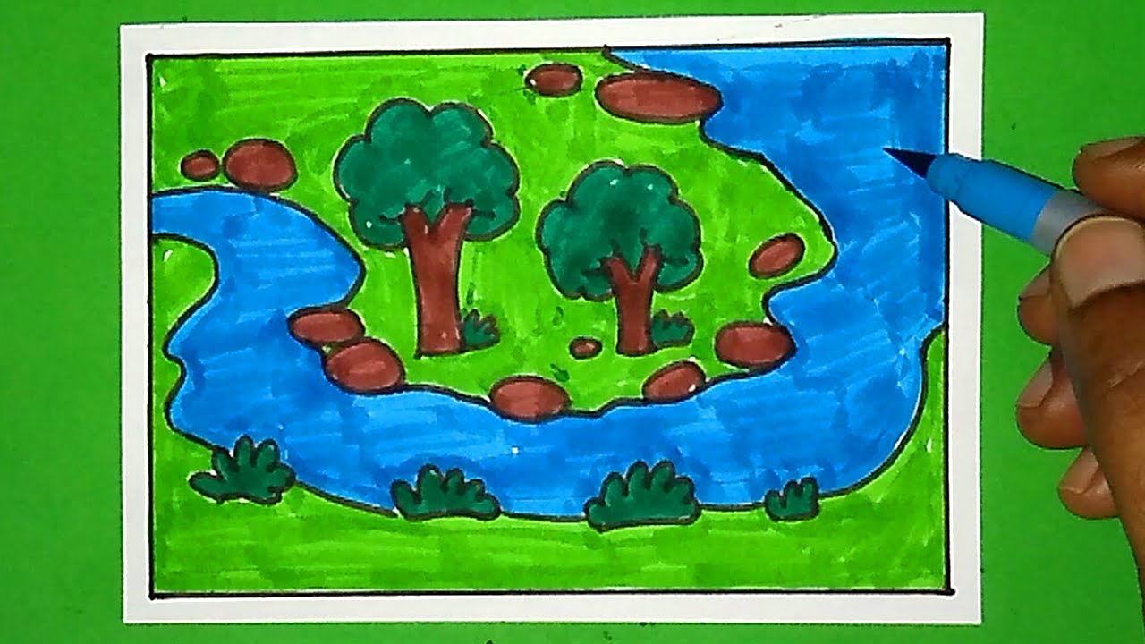 Easy River Scenery Drawing | How to Draw Nature Scenery for Beginners ...