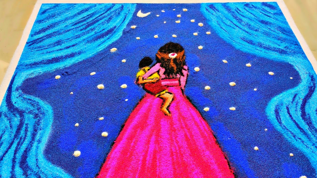 Mothers Day Rangoli | Mother And Child In Moon Light | Scenery | # ...