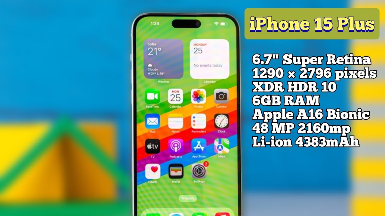 iPhone 15 plus - 6.7" Super Retina XDR OLED HDR10 - 48MP Ram 6GB Li-ion ...