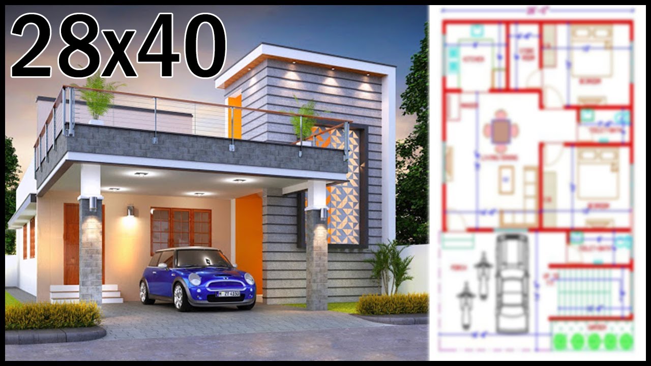 28x40 House Plan With Elevation | 28'-0"x40'-0" Ghar Ka Map With Front ...
