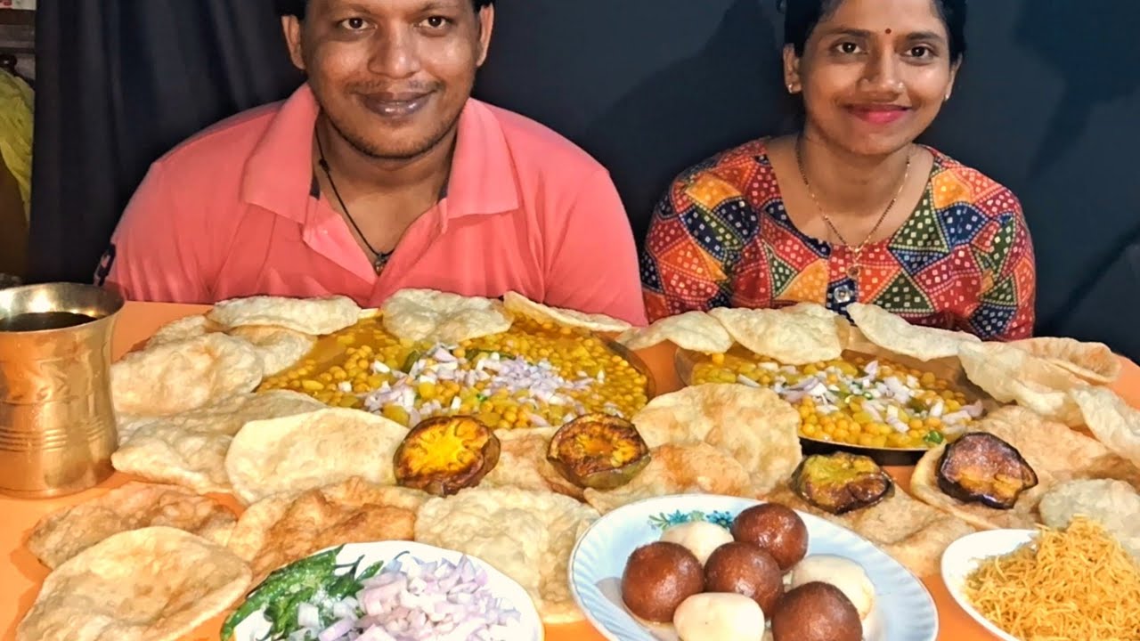 luchi ghugni eating, puri ghugni eating,sweet eating, brinjal fry ...